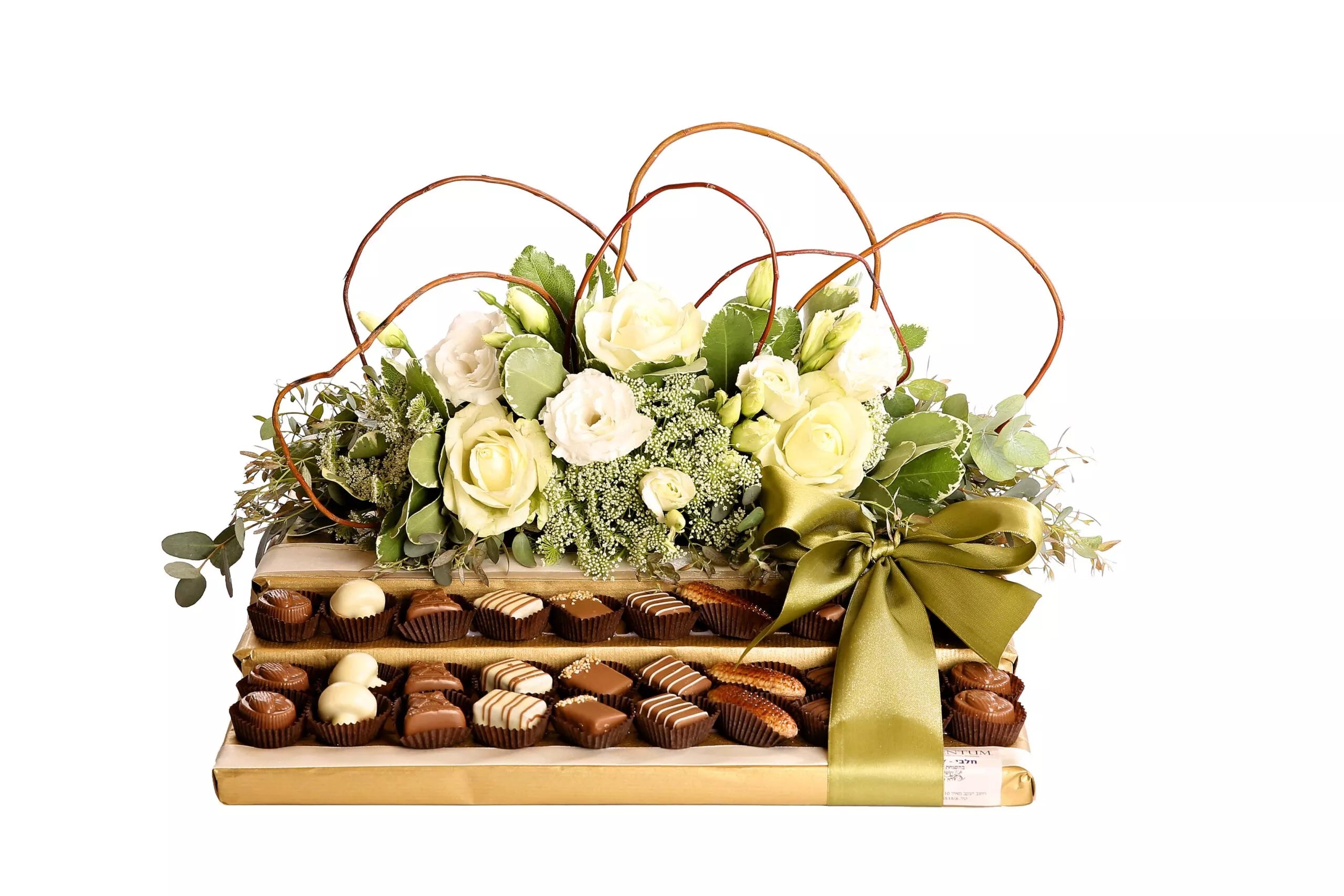 Splendid Fresh Flower Arrangement on 30 Pc Choc Praline Platform ...